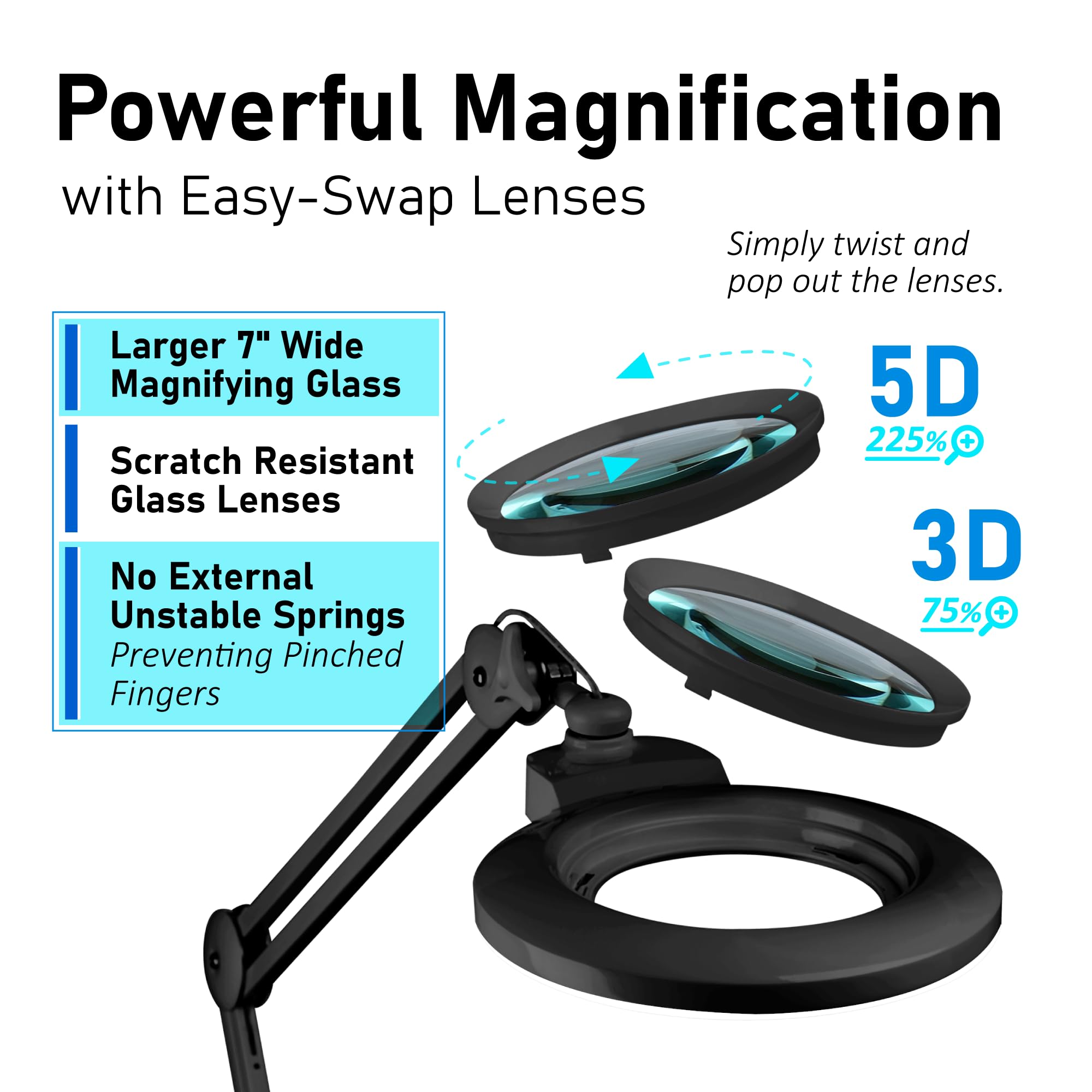 Desk Magnifying Glass with Light - DAEV - 7" Large LED Magnifying Glass with Clamp, Easy Change 5D (2.25X) and 3D (1.75X) Glass. 1600 Lumen, 6500K CCT Dimmable LED Magnifier with Light, Black