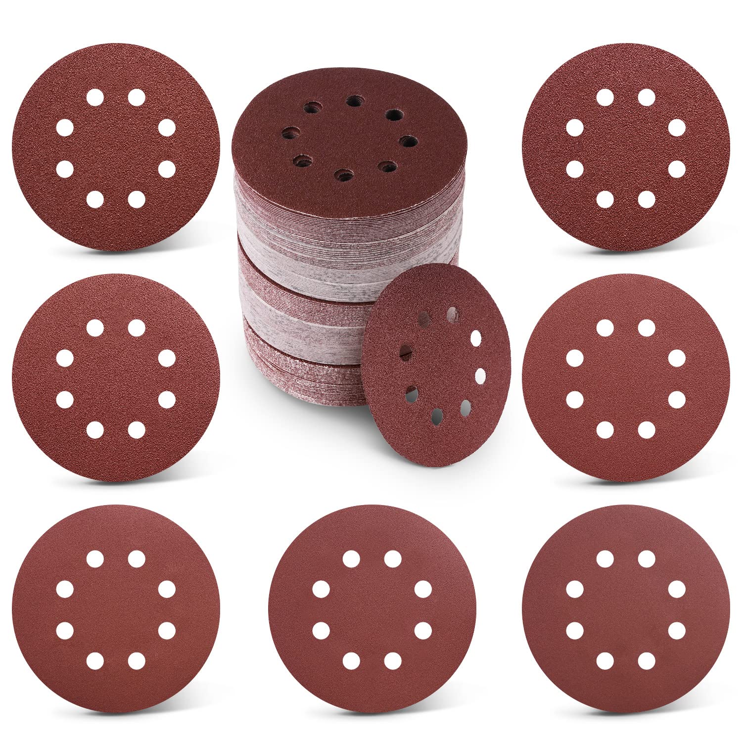 Ptalniy Sanding Disc, 100 Packs 5 Inch 8 Hole Sanding Discs Hook and Loop Sandpaper, Premium Aluminum Oxide Orbital Sander Pads 40 60 80 120 180 220 320 400 Grits Sandpaper for Random Orbital Sanders