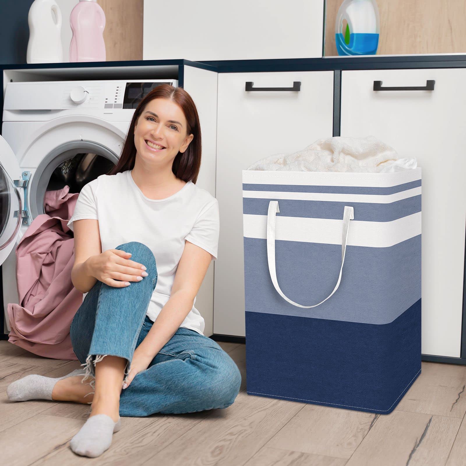 EpicTotes 2-Pack Large Laundry Basket, Collapsible Laundry Hamper, Freestanding Waterproof Laundry Bag, Tall Clothes Hamper-Extended&Reinforced Handles-for College Dorm, Family-Gradient Blue/75L