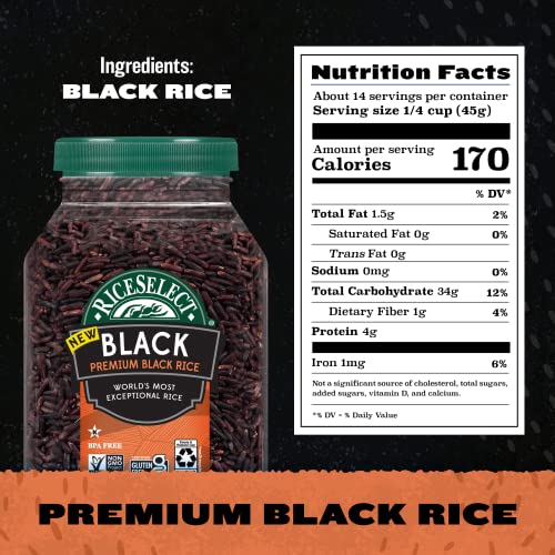 RiceSelect Premium Black Rice, Whole-Grain, Gluten-Free, Non-GMO, and Vegan Rice, BPA-Free 22-Ounce Jar (Pack of 1)