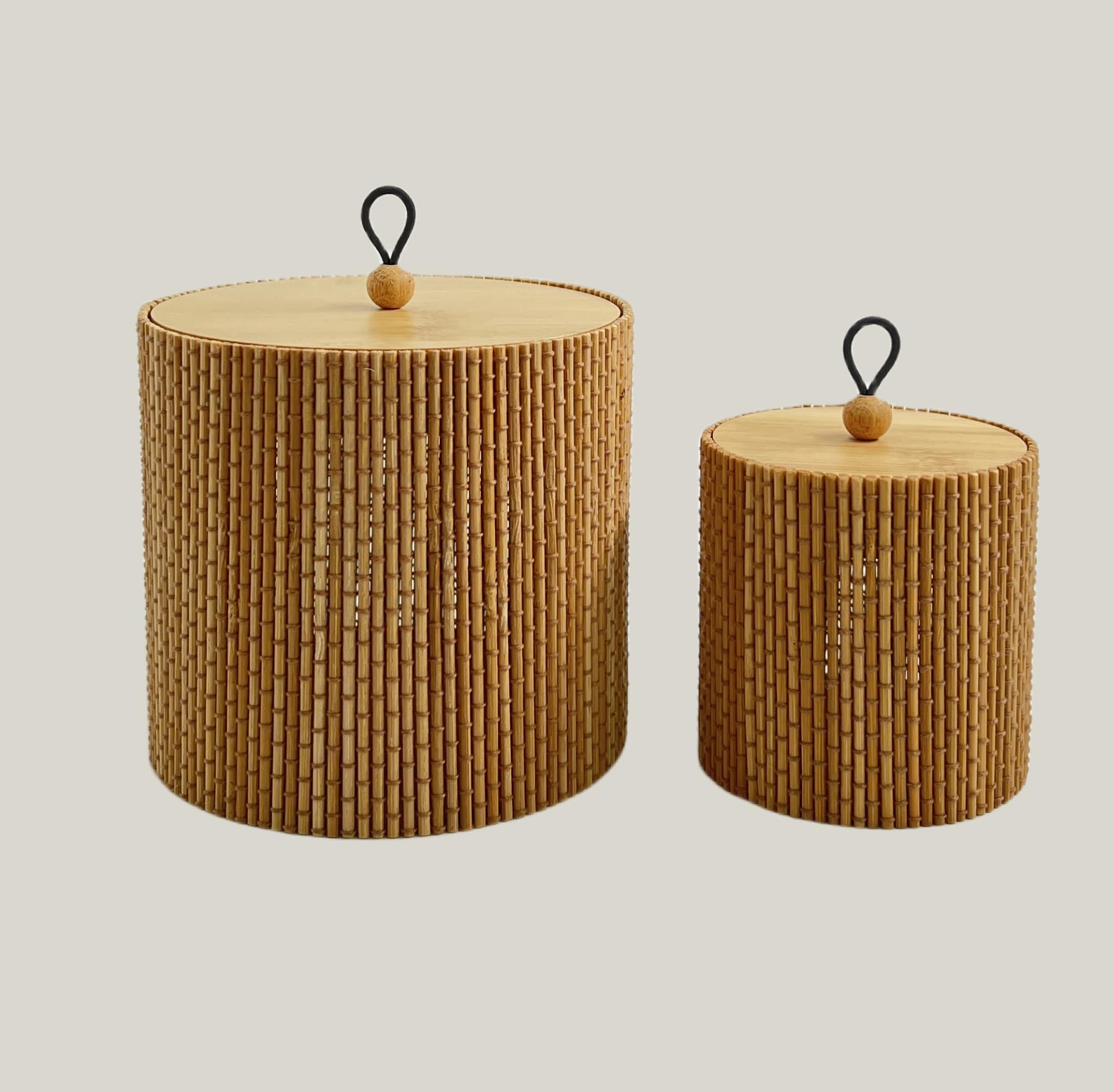 Gekkoli 2er-Set Storage Boxes/Baskets with Lids Bamboo Round/Rectangle Small Brown (Diameter 8 x Height 8.2 / Φ12 x 11.2 cm)