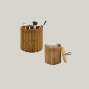 Gekkoli 2er-Set Storage Boxes/Baskets with Lids Bamboo Round/Rectangle Small Brown (Diameter 8 x Height 8.2 / Φ12 x 11.2 cm)