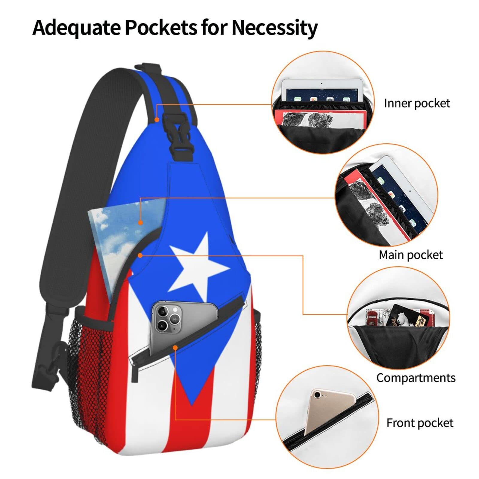 HUIOADOO Puerto Rico Flag Sling Backpack Travel Hiking Daypack Crossbody Shoulder Bag For Women Men Gift Crossbody Purse With Water Bottle