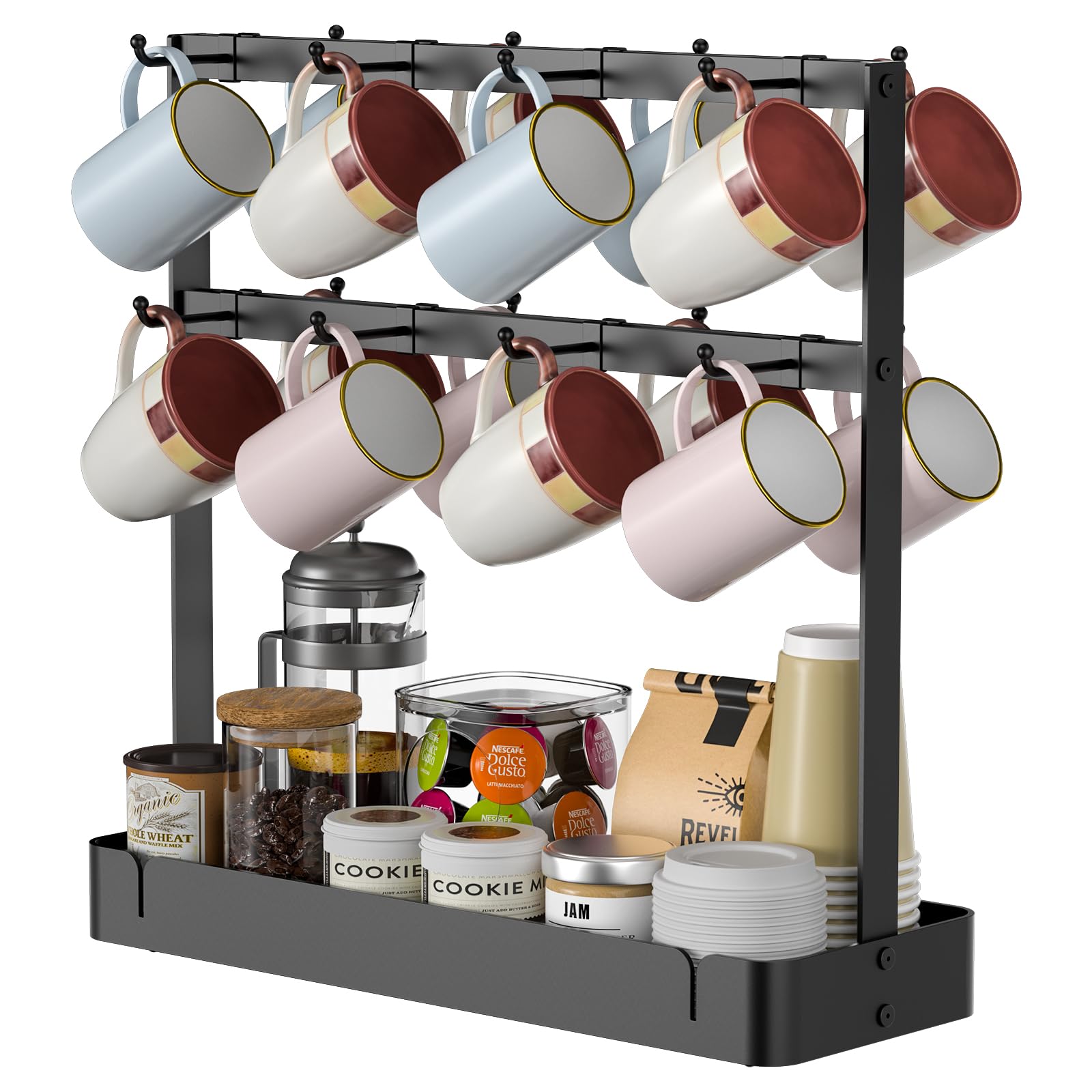 RCHYFEED Coffee Cup Holder for Countertop, Aluminum Alloy Coffee Mug Holder Organizer with 16 Movable Hooks, 2 Tier Coffee Mug Tree Stand Rack with Storage Basket for K Cup Coffee Bar Kitchen