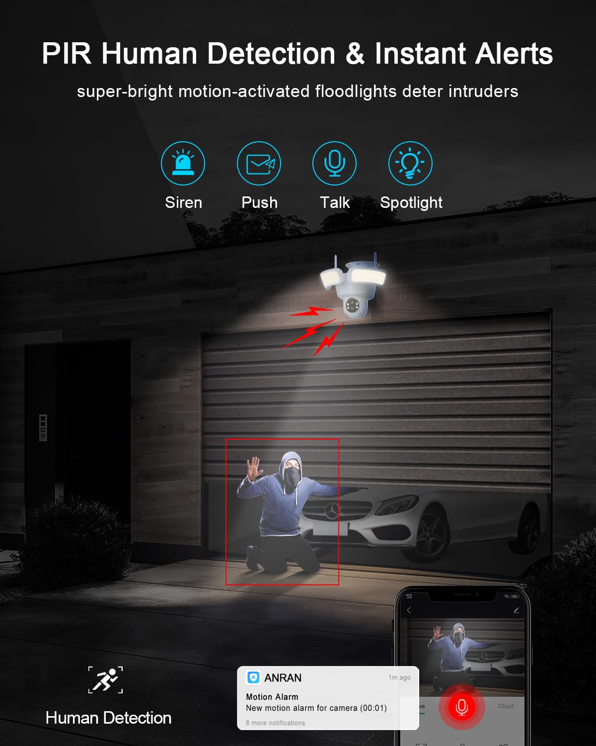 ANRAN Floodlight Security Camera Wireless Outdoor with 360° View Pan/Tilt, 2K Solar Powered WiFi Camera, IP65 Smart Lighting Cam, Color Night Vision, 120dB Siren, Two Way Audio, PIR Motion Detection