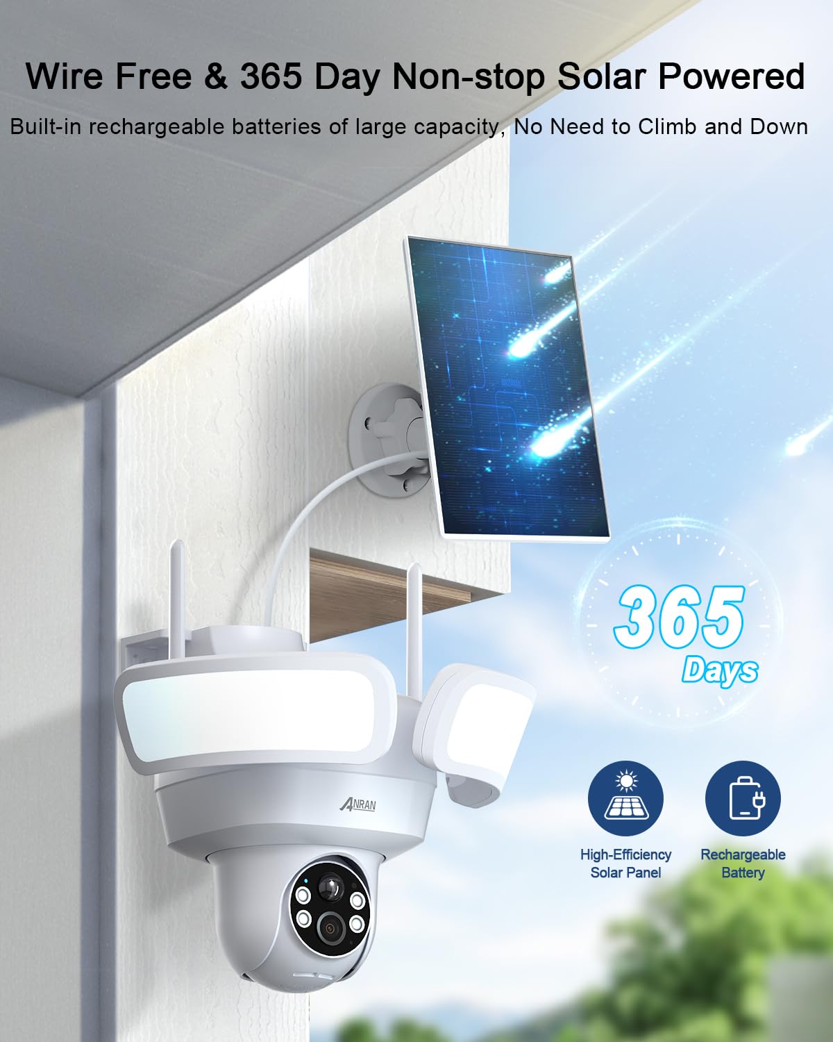 ANRAN Floodlight Security Camera Wireless Outdoor with 360° View Pan/Tilt, 2K Solar Powered WiFi Camera, IP65 Smart Lighting Cam, Color Night Vision, 120dB Siren, Two Way Audio, PIR Motion Detection