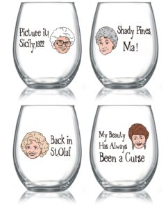 ddddxo golden girls wine glasses, golden girls merchandise, golden girls gifts, golden girls stemless wine glass set of 4, golden girls tv show fans gift wine glasses (15 oz) (02)