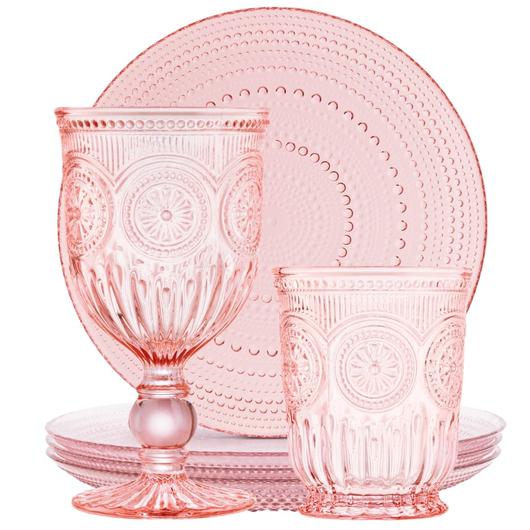 Yungala Pink Glassware Bundle - NEW Pink Wine Glasses Sunflower - Small Pink Cups (Sunflower) - Pink Glass Plates - Matching Pink Glassware Sets with Sunflower Emboss Design