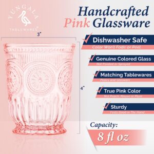 Yungala Pink Glassware Bundle - NEW Pink Wine Glasses Sunflower - Small Pink Cups (Sunflower) - Pink Glass Plates - Matching Pink Glassware Sets with Sunflower Emboss Design