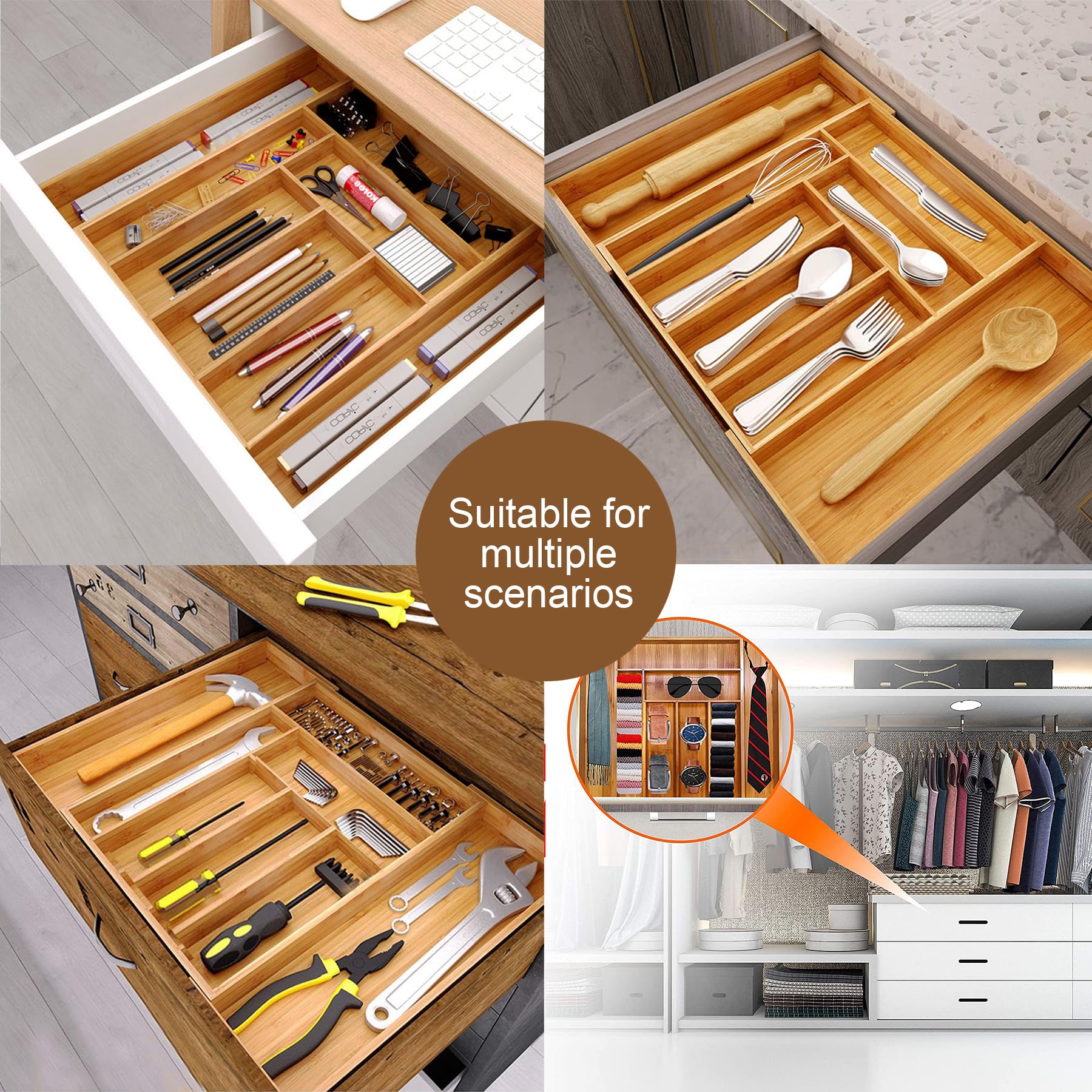 Olioeiao Expandable Bamboo Silverware Organizer Drawer for Utensils Holder and Cutlery, 8 Compartments for Drawer Tray with Dividers, Flatware and Kitchen Utensils organizer(Natural)