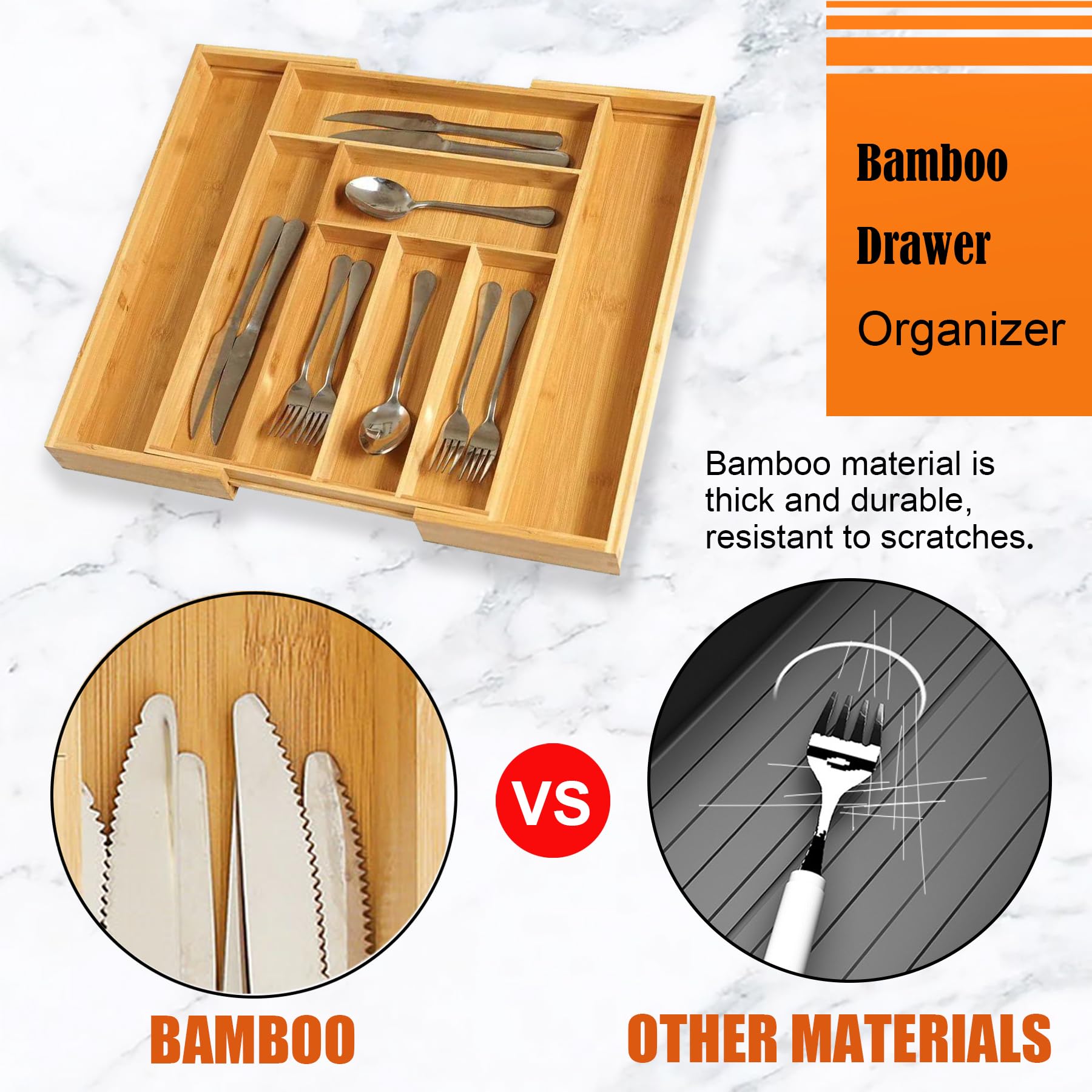 Olioeiao Expandable Bamboo Silverware Organizer Drawer for Utensils Holder and Cutlery, 8 Compartments for Drawer Tray with Dividers, Flatware and Kitchen Utensils organizer(Natural)