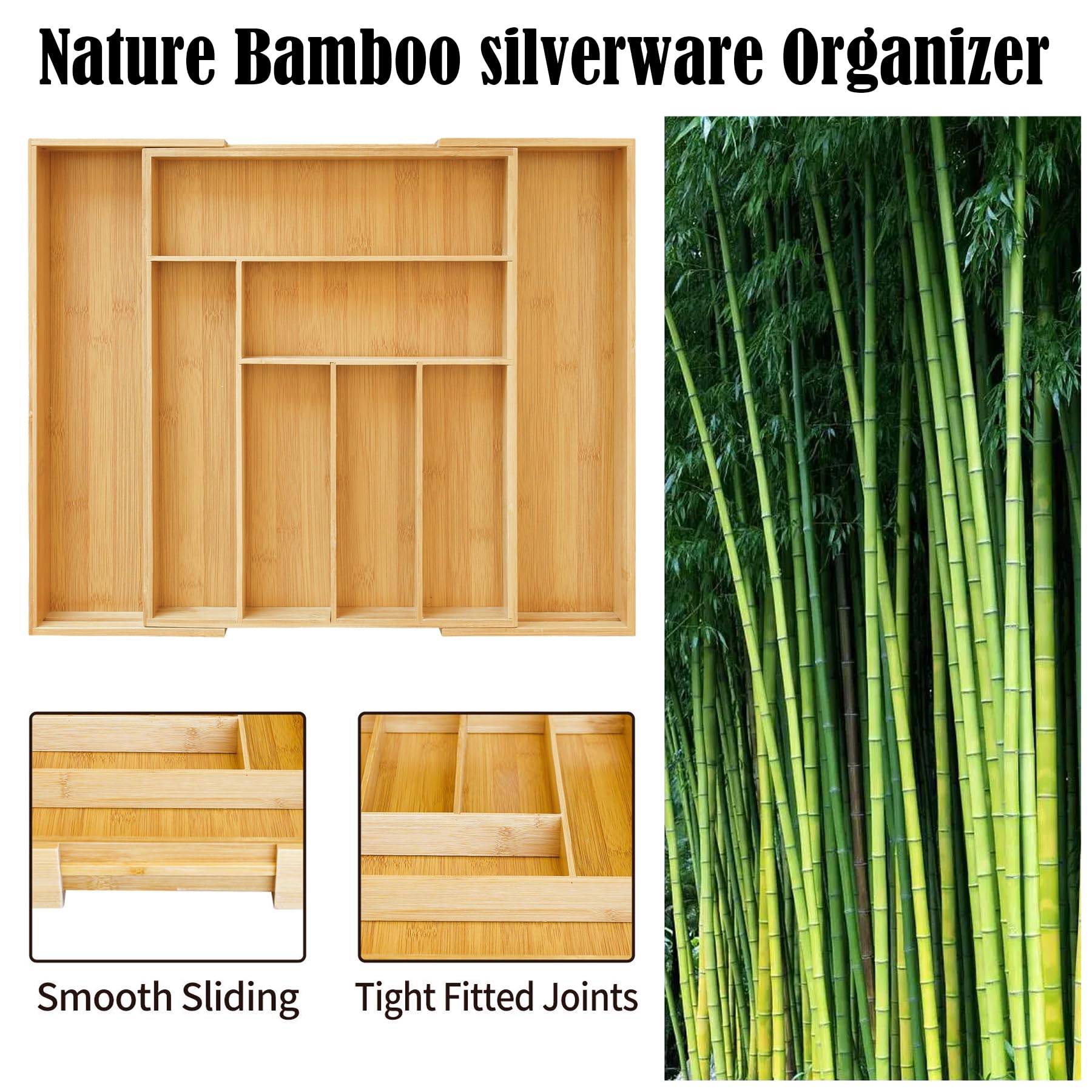 Olioeiao Expandable Bamboo Silverware Organizer Drawer for Utensils Holder and Cutlery, 8 Compartments for Drawer Tray with Dividers, Flatware and Kitchen Utensils organizer(Natural)