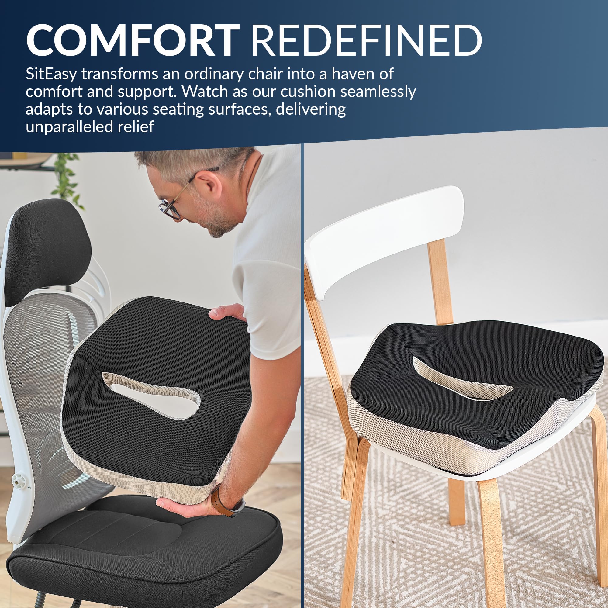 SitEasy Orthopedic Seat Cushion - Pain Relief for Back, Tailbone & Hemorrhoids - Memory Foam Office Chair Cushion for Desk, Car & Wheelchair - Pressure-Relieving Butt Pillow for Sitting Comfort