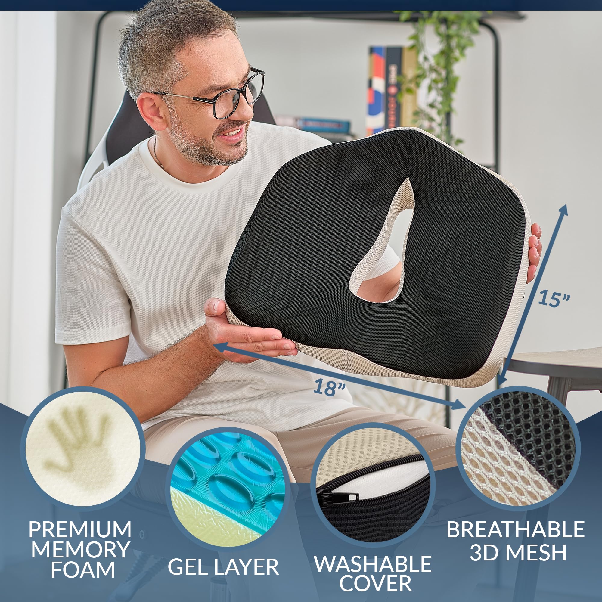 SitEasy Orthopedic Seat Cushion - Pain Relief for Back, Tailbone & Hemorrhoids - Memory Foam Office Chair Cushion for Desk, Car & Wheelchair - Pressure-Relieving Butt Pillow for Sitting Comfort