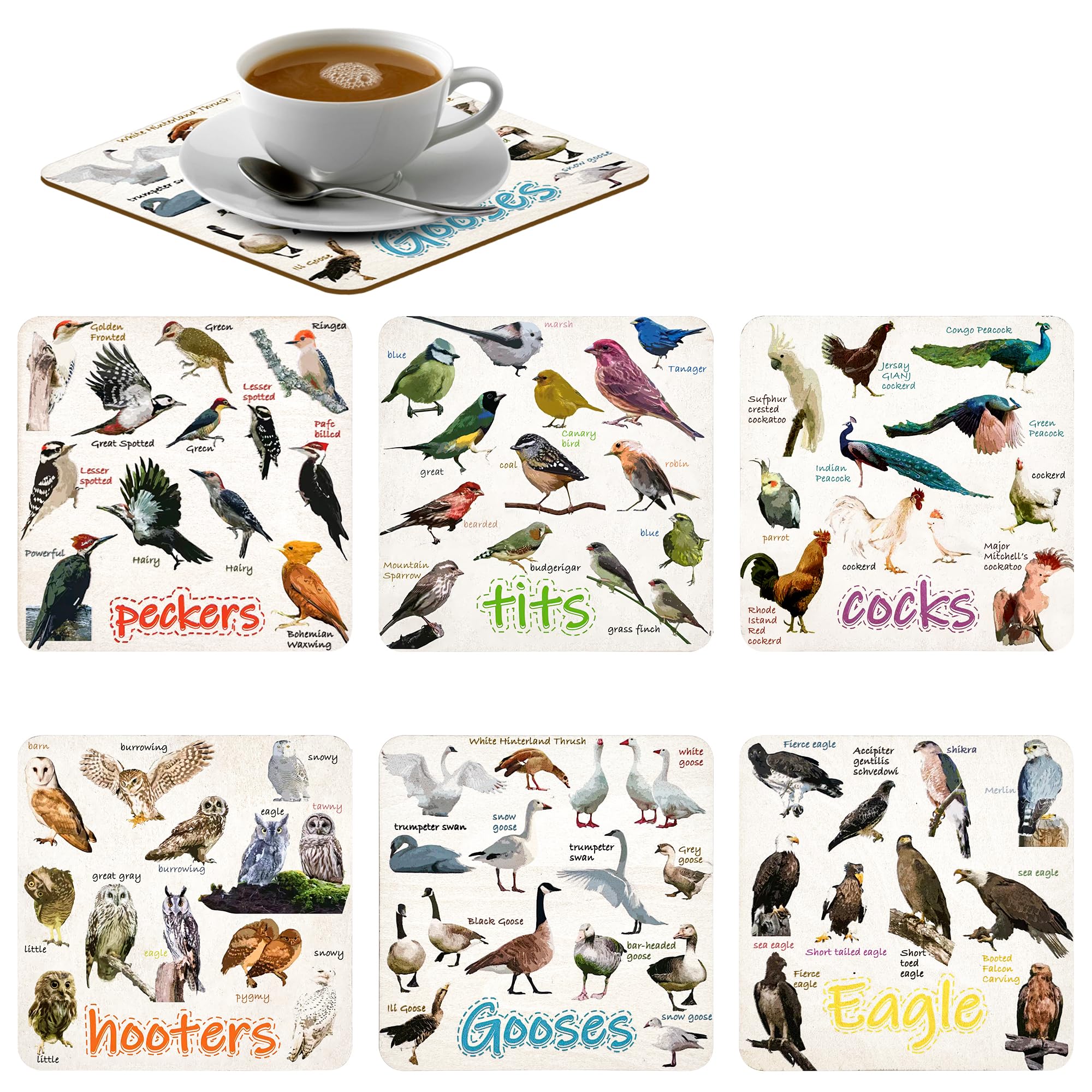 Set of 6 Bird Pun Coasters, Bird Pun Coasters for Drinks, Square Coaster Set for Cups Home Funny Coasters Set for Bird Lover Friends Bar Housewarming Gift Coffee