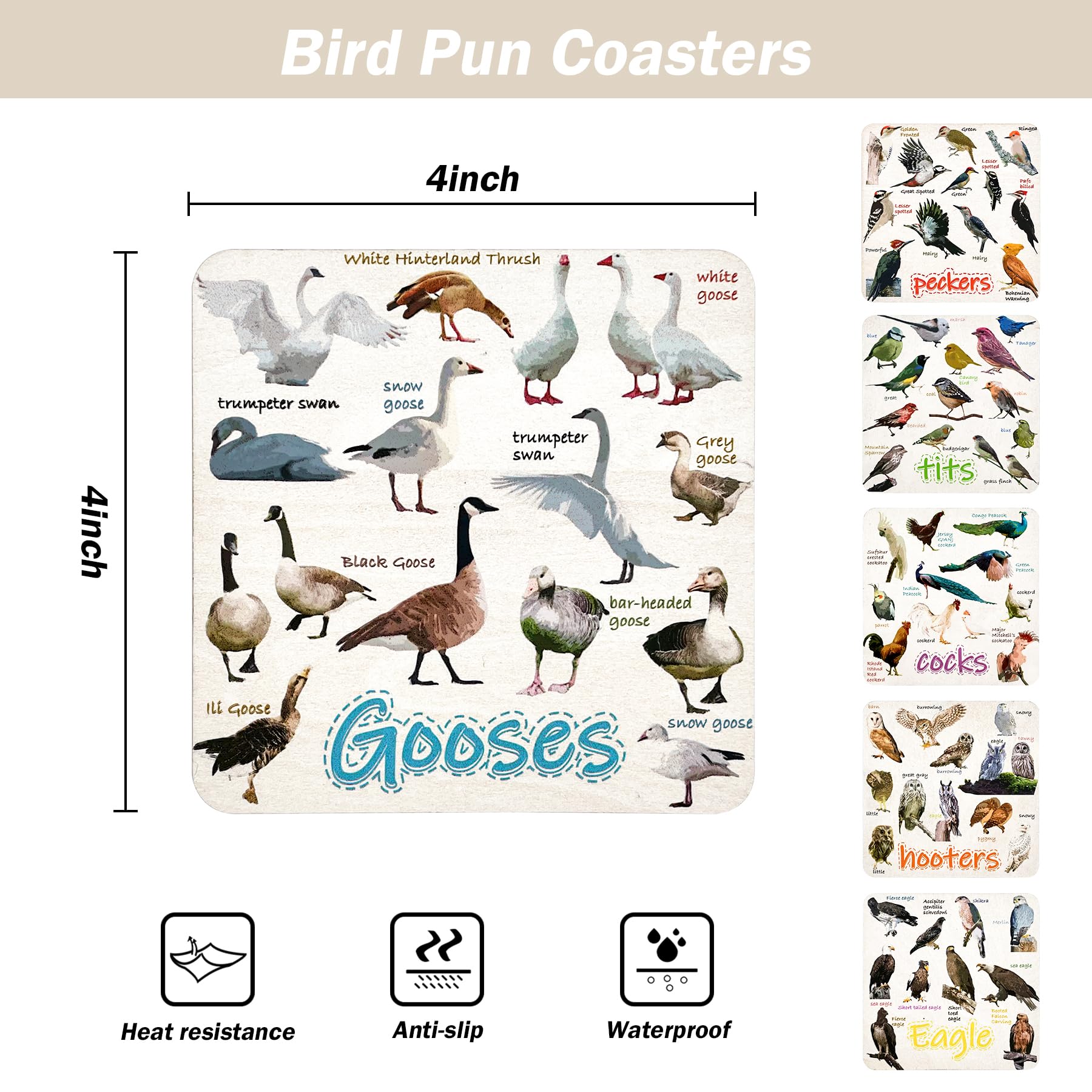 Set of 6 Bird Pun Coasters, Bird Pun Coasters for Drinks, Square Coaster Set for Cups Home Funny Coasters Set for Bird Lover Friends Bar Housewarming Gift Coffee