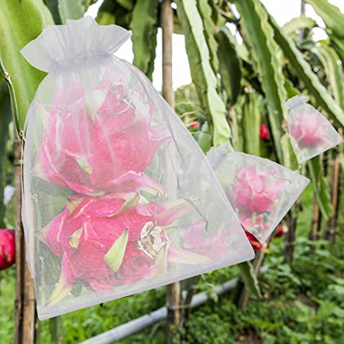 50 Pcs Fruit Protection Bags, 8x12 White Fruit Netting Bags for Fruit Trees Fruit Cover Mesh Bag with Drawstring, Netting Barrier Bags for Grapes Mango Fruit Trees Veggies Garden