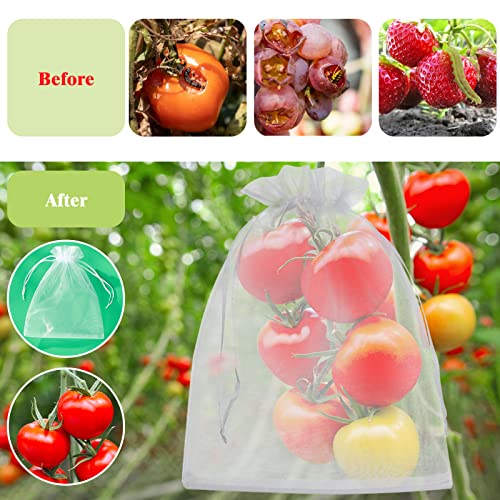 50 Pcs Fruit Protection Bags, 8x12 White Fruit Netting Bags for Fruit Trees Fruit Cover Mesh Bag with Drawstring, Netting Barrier Bags for Grapes Mango Fruit Trees Veggies Garden