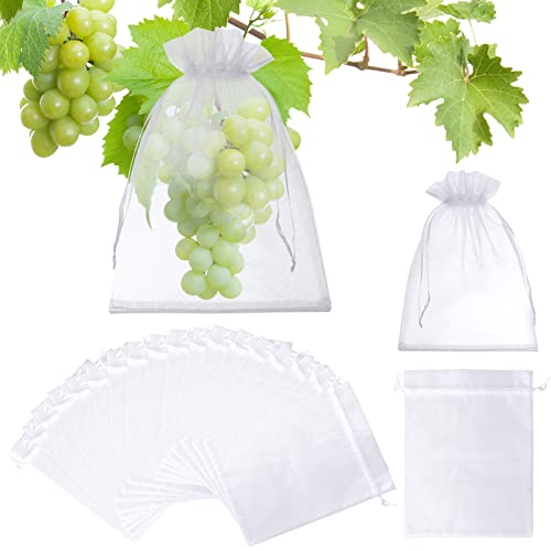 50 Pcs Fruit Protection Bags, 8x12 White Fruit Netting Bags for Fruit Trees Fruit Cover Mesh Bag with Drawstring, Netting Barrier Bags for Grapes Mango Fruit Trees Veggies Garden