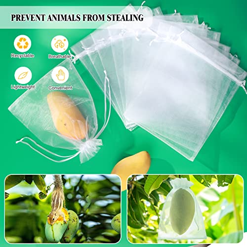 50 Pcs Fruit Protection Bags, 8x12 White Fruit Netting Bags for Fruit Trees Fruit Cover Mesh Bag with Drawstring, Netting Barrier Bags for Grapes Mango Fruit Trees Veggies Garden