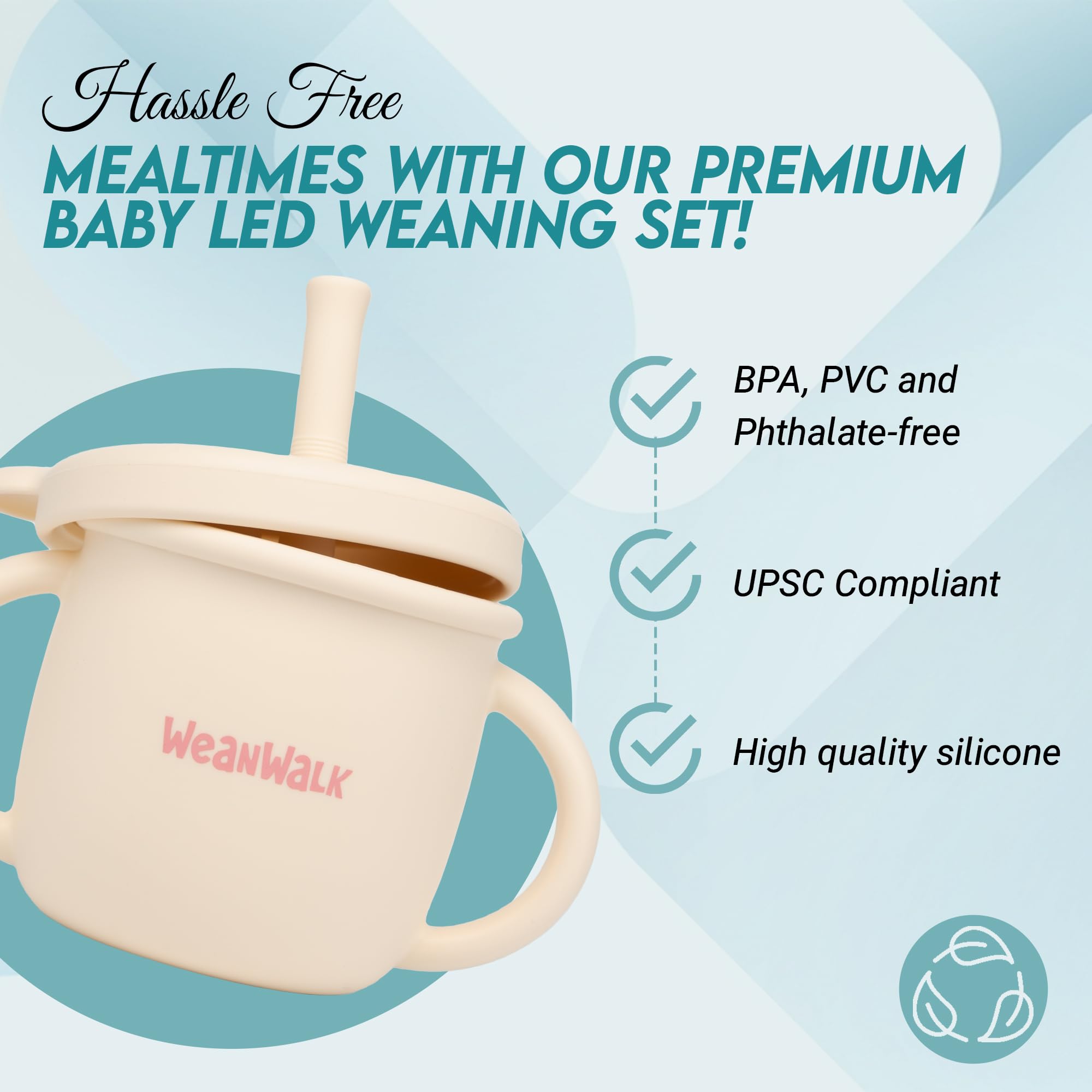 Baby Led Weaning Supplies - Suction Bowls with lids, Training Straw Sippy Cup, Self-Feeding Utensils - Organic - BPA, PVC, Phthalate Free - Weanwalk Silicone Baby Feeding Set