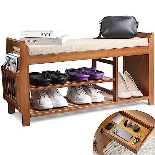 Joyoolife 3-Tier Shoe Rack Bench for Entryway 38.8x12.2inch Bench with Storage and Seating, Bamboo Shoe Organizer Bench Entryway, Shoe Storage Bench for Indoor Bedroom Hallway Living Room