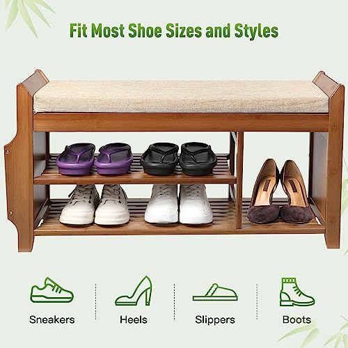 Joyoolife 3-Tier Shoe Rack Bench for Entryway 38.8x12.2inch Bench with Storage and Seating, Bamboo Shoe Organizer Bench Entryway, Shoe Storage Bench for Indoor Bedroom Hallway Living Room