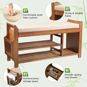 Joyoolife 3-Tier Shoe Rack Bench for Entryway 38.8x12.2inch Bench with Storage and Seating, Bamboo Shoe Organizer Bench Entryway, Shoe Storage Bench for Indoor Bedroom Hallway Living Room