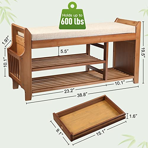 Joyoolife 3-Tier Shoe Rack Bench for Entryway 38.8x12.2inch Bench with Storage and Seating, Bamboo Shoe Organizer Bench Entryway, Shoe Storage Bench for Indoor Bedroom Hallway Living Room