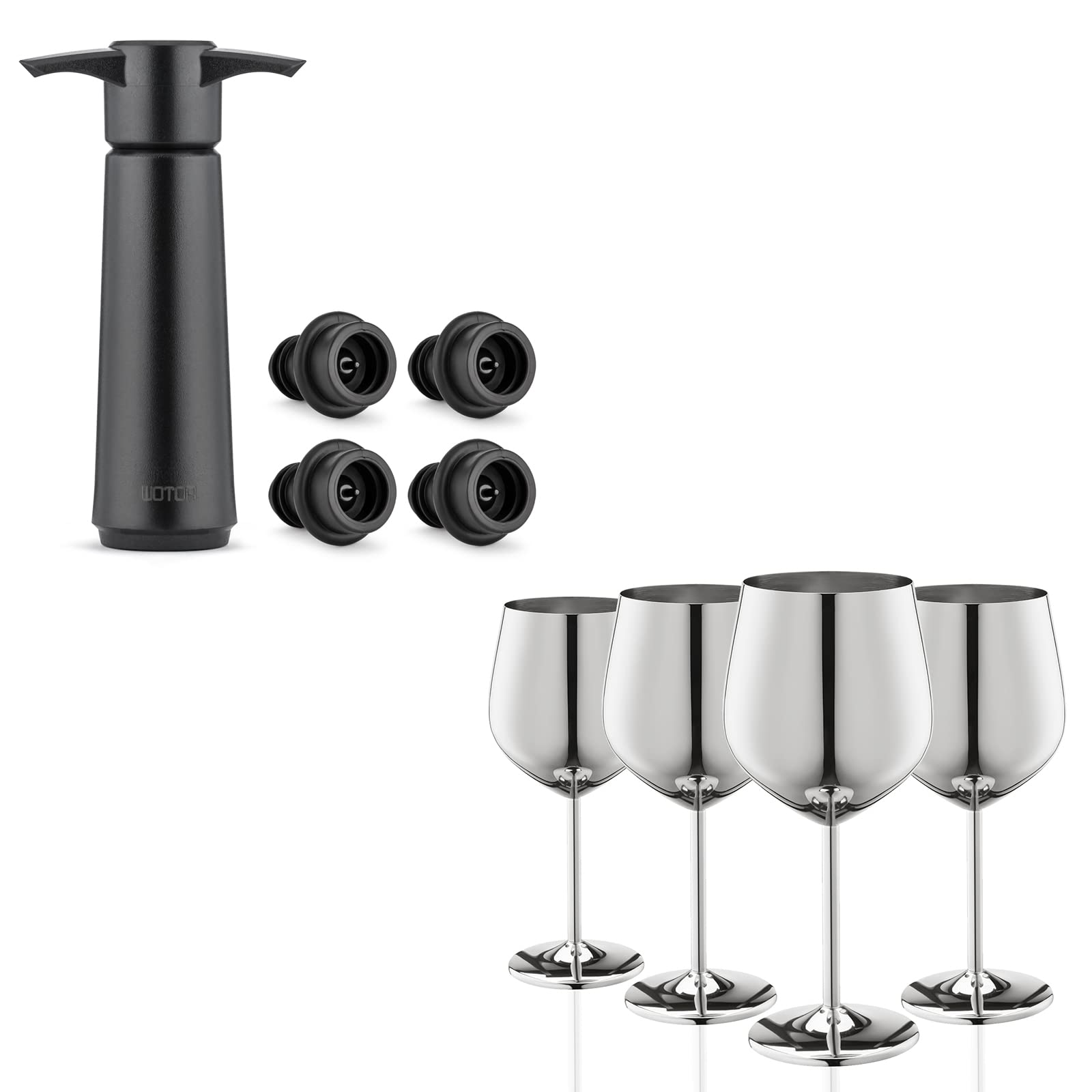 WOTOR Wine Stopper and Stainless Steel Wine Glass Bundle