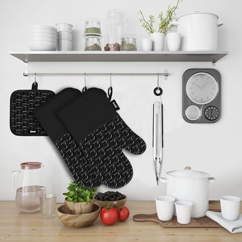 Qimh Oven Mitts and Pot Holders, 4 Pcs Kitchen Oven Mitts Set with Cooking Tongs, High Heat Resistant 500℉ Extra Long Non-Slip Silicone Surface Oven Gloves for Baking, Cooking, BBQ