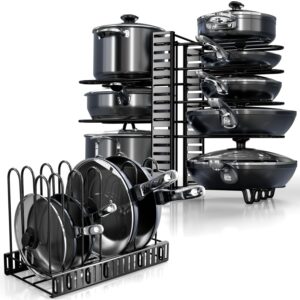 pots and pans organizer under cabinet - 8-tier adjustable pan organizer rack for cabinet - heavy-duty pot & pan organizer - perfect to store pots, pans, lids - easy kitchen organization and storage