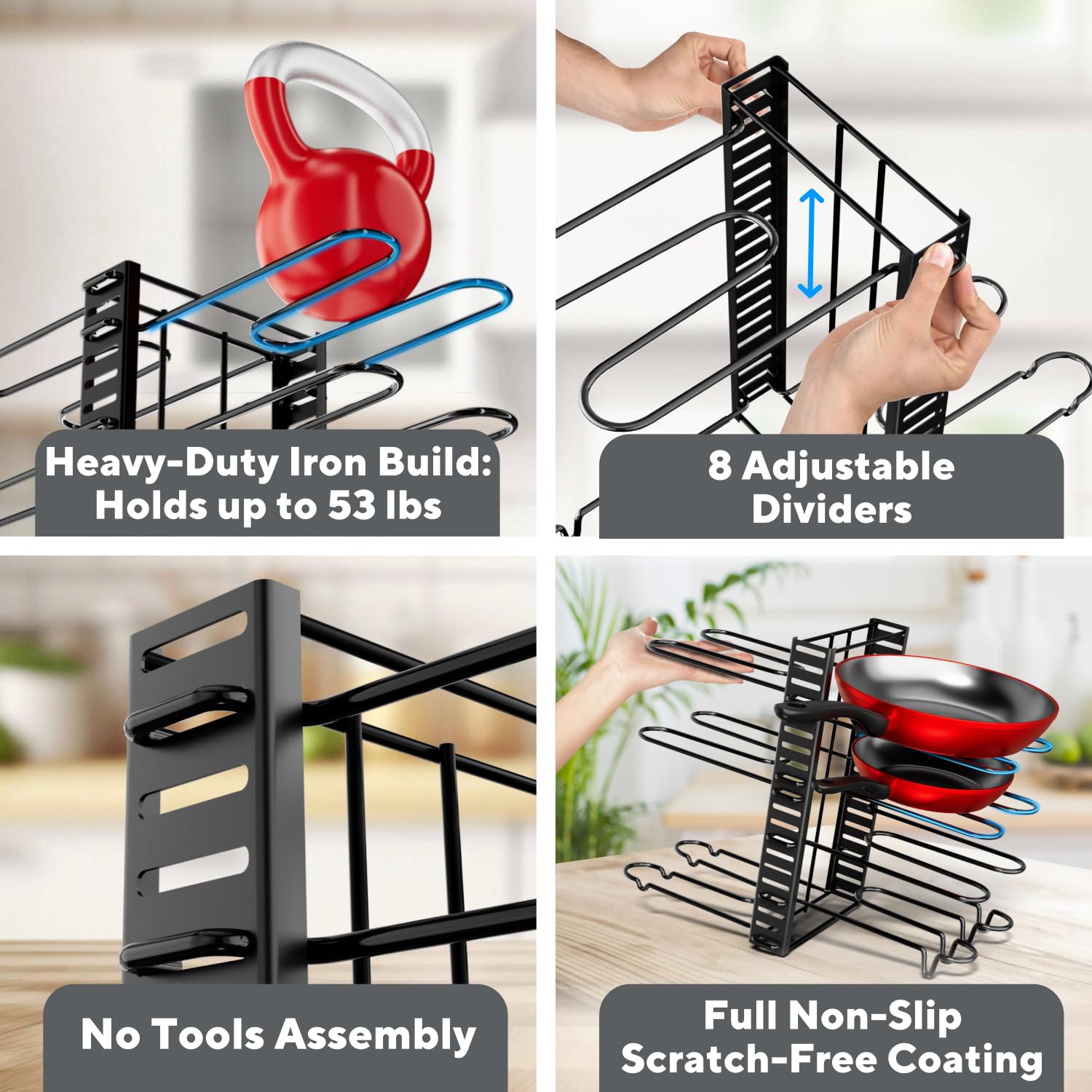 Pots and Pans Organizer Under Cabinet - 8-Tier Adjustable Pan Organizer Rack for Cabinet - Heavy-Duty Pot & Pan Organizer - Perfect to Store Pots, Pans, Lids - Easy Kitchen Organization and Storage