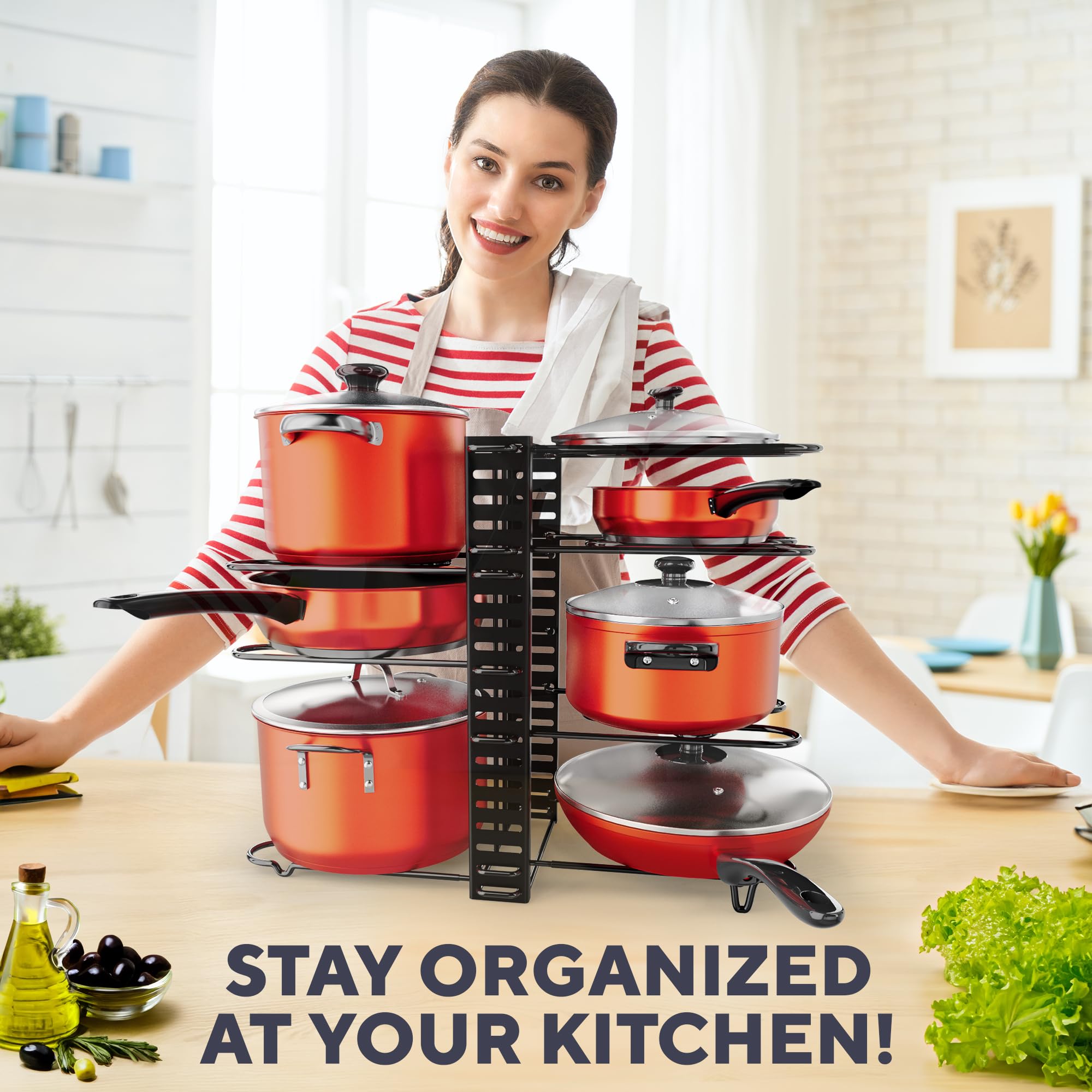 Pots and Pans Organizer Under Cabinet - 8-Tier Adjustable Pan Organizer Rack for Cabinet - Heavy-Duty Pot & Pan Organizer - Perfect to Store Pots, Pans, Lids - Easy Kitchen Organization and Storage