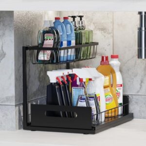 nlbtw under sink organizer and storage, 2 tier bathroom kitchen cabinet shelf organizers shelves cleaning supplies organization with pull-out sliding drawer (black)