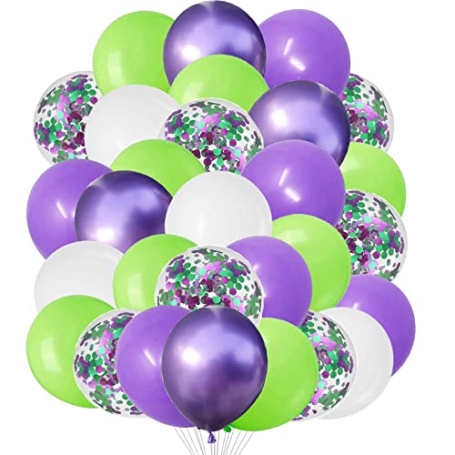 We Moment 12 Inch purple Balloons Light green Balloons 12 Inch white Balloons And Chrome Metallic purple Balloon with Confetti Balloons，50pcs，for Baby Shower Boys' Birthday Party Decoration