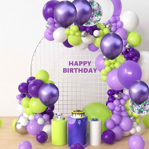 We Moment 12 Inch purple Balloons Light green Balloons 12 Inch white Balloons And Chrome Metallic purple Balloon with Confetti Balloons，50pcs，for Baby Shower Boys' Birthday Party Decoration