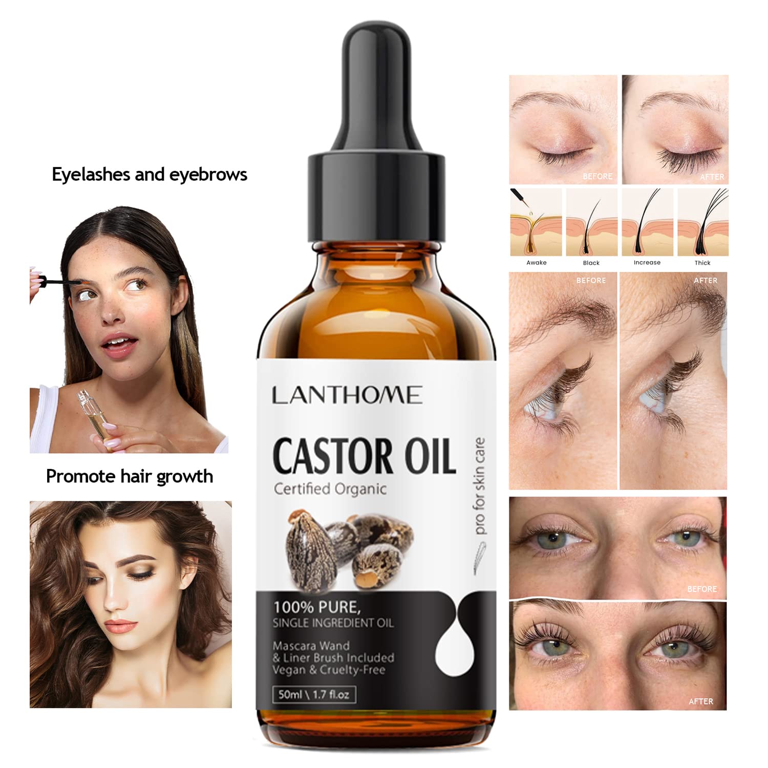 Lanthome Organic Castor Oil Cold Pressed Certified (1.7 Floz with Eyelash Kit), Black Castor Oil for Eyelashes, Eyebrows & Skin Moisturizer, Hair Growth Oil Hexane Free