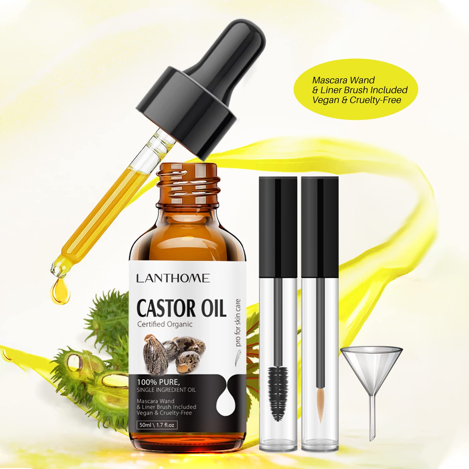 Lanthome Organic Castor Oil Cold Pressed Certified (1.7 Floz with Eyelash Kit), Black Castor Oil for Eyelashes, Eyebrows & Skin Moisturizer, Hair Growth Oil Hexane Free