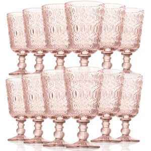 rtteri 12 pcs vintage glass goblet stemmed wine glasses bulks 10 oz wine glasses set high clear wine glass glassware for juice liquor party wedding bars restaurants romantic embossed (flesh pink)