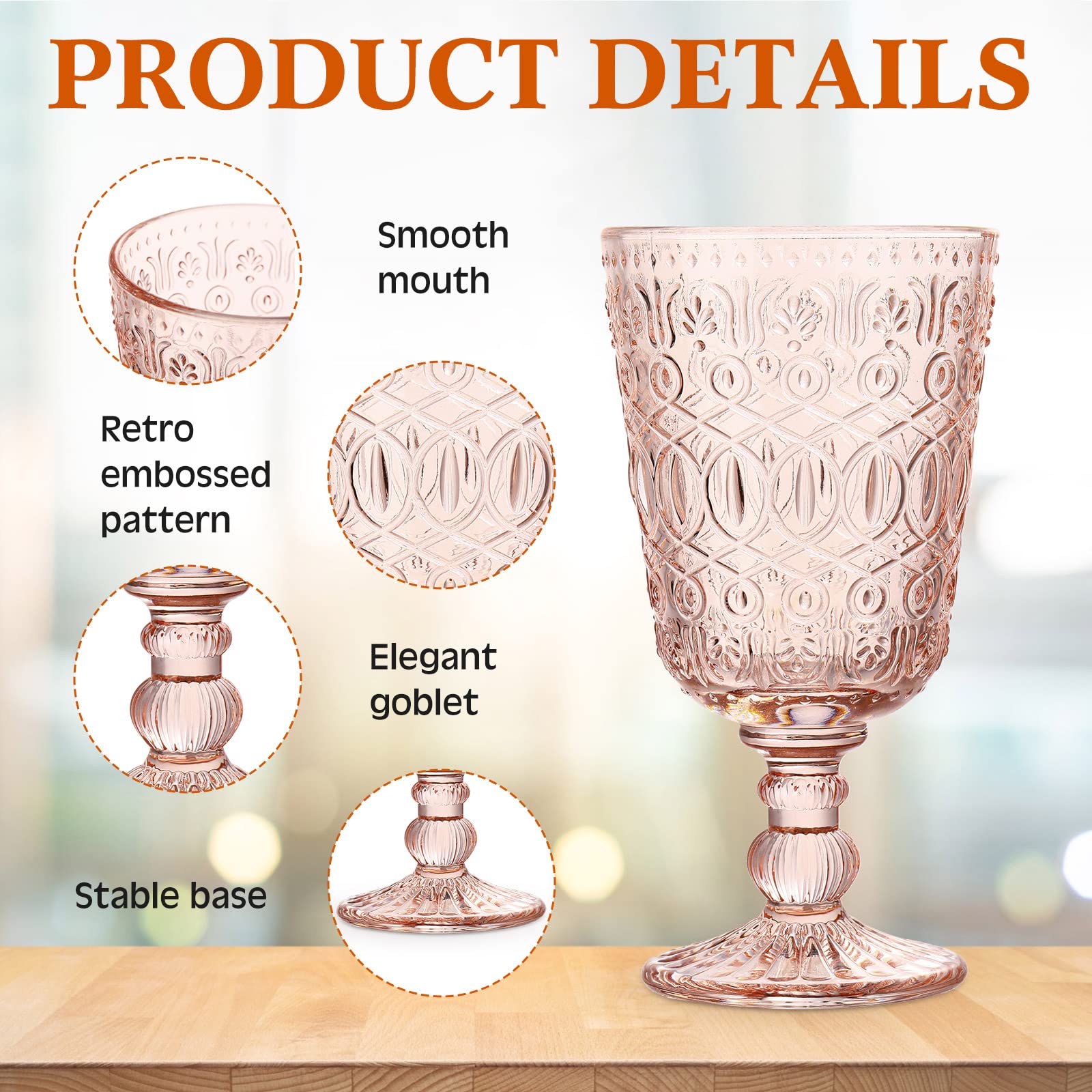 Rtteri 12 Pcs Vintage Glass Goblet Stemmed Wine Glasses Bulks 10 oz Wine Glasses Set High Clear Wine Glass Glassware for Juice Liquor Party Wedding Bars Restaurants Romantic Embossed (Flesh Pink)