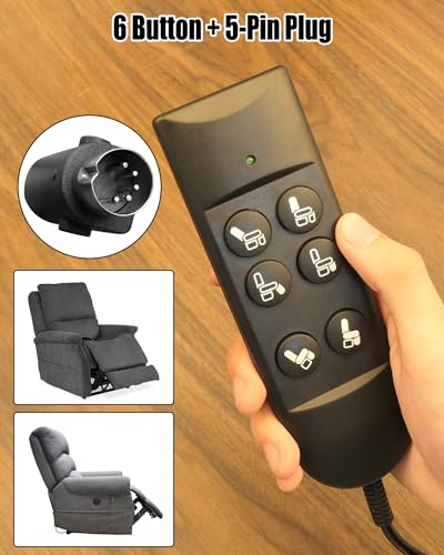 6 Button Power Lift Chair Remote Replacement with 5-Pin Plug Extension Cable, Home Recliner Hand Control Fit for Okin Golden Catnapper Dewert Limoss Power Lift Recliner Chair, (Not Fit for Lazyboy)