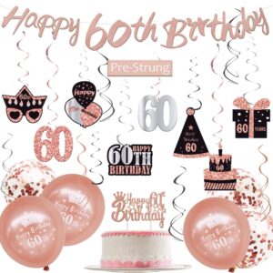 wojogo 60th birthday decorations women, rose gold & black happy 60th birthday decorations kit, happy 60th birthday banner hanging swirls birthday cake topper balloons for party supplies