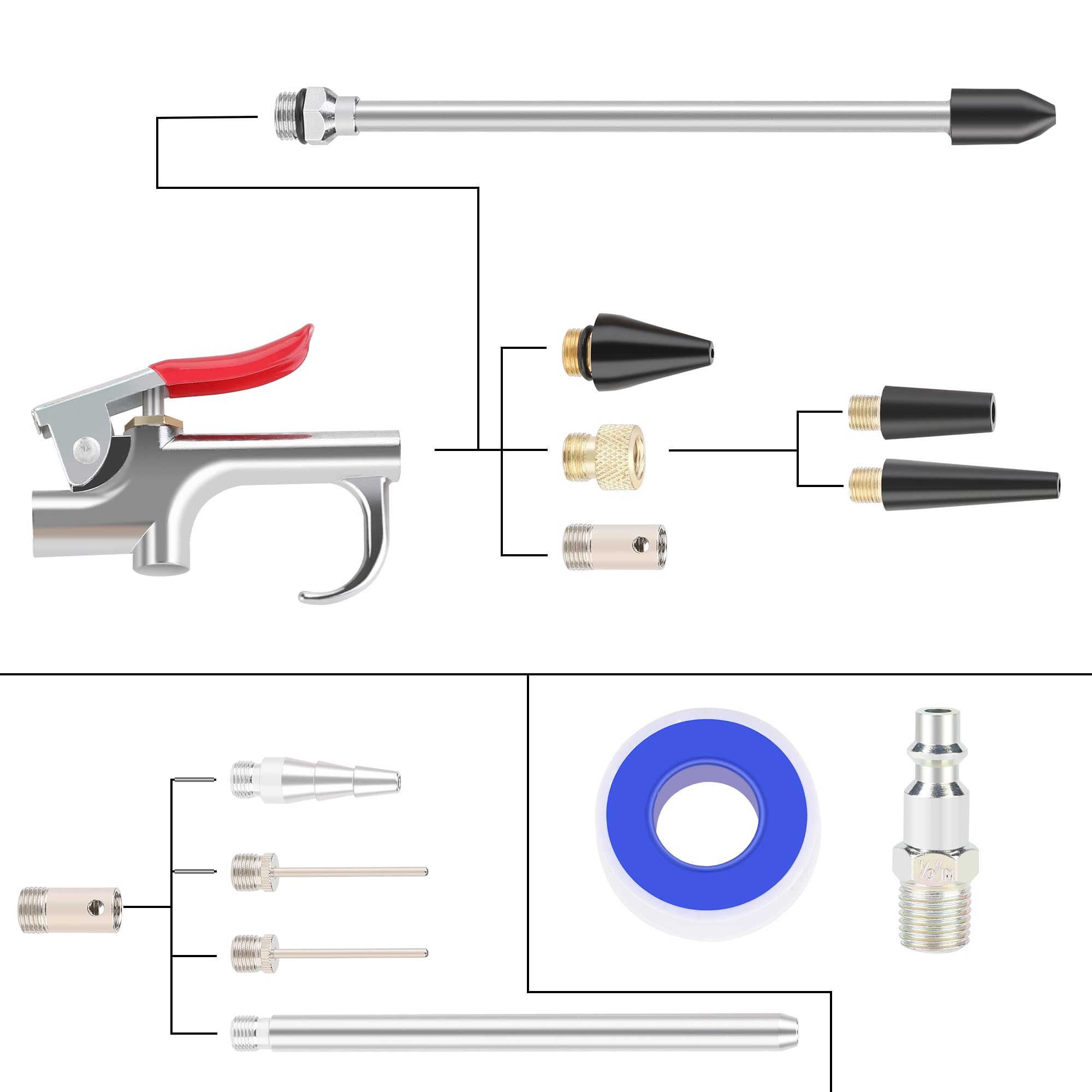 WYNNsky Air blow Gun Kit, 2PCS Air Flow Extensions, 4PCS Nozzle Tip, 13PCS Air Compressor Accessories Kit