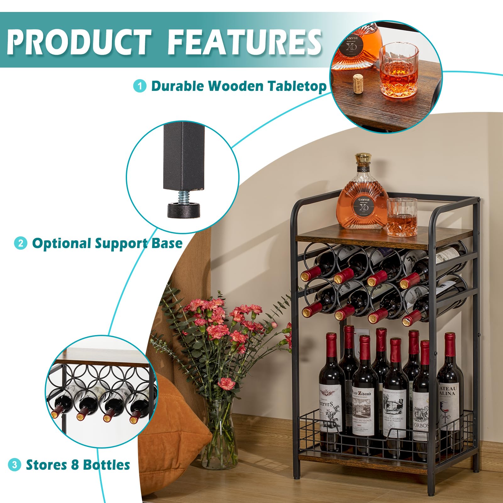 3-Tier Wine Bar Table: Small Liquor Bottle Holder with 8-Bottle Wine Rack Mini Wine Bar Cabinet Corner Whiskey Display Shelf Floor Liquor Storage Bar for Home Living Room