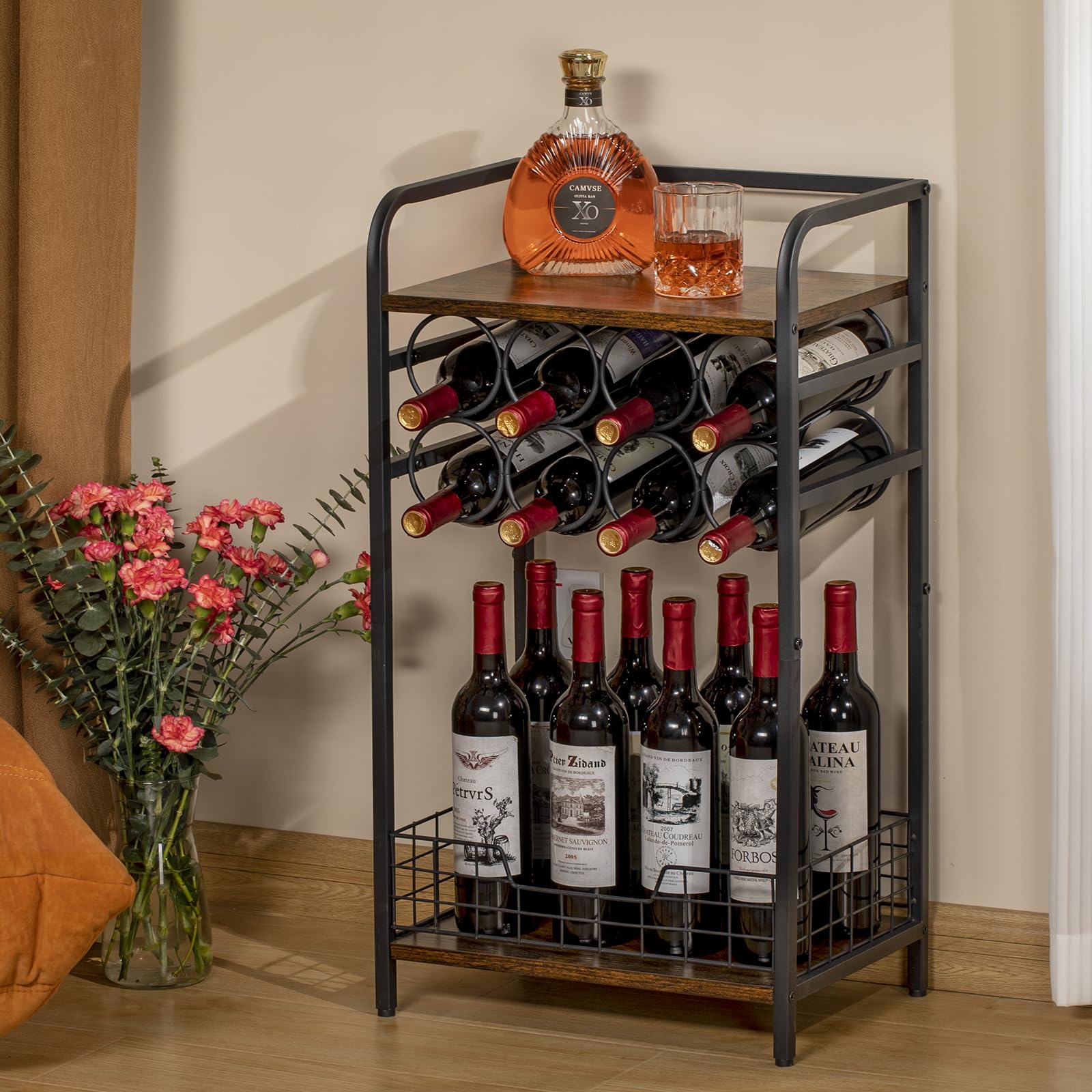 3-Tier Wine Bar Table: Small Liquor Bottle Holder with 8-Bottle Wine Rack Mini Wine Bar Cabinet Corner Whiskey Display Shelf Floor Liquor Storage Bar for Home Living Room