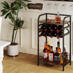 3-Tier Wine Bar Table: Small Liquor Bottle Holder with 8-Bottle Wine Rack Mini Wine Bar Cabinet Corner Whiskey Display Shelf Floor Liquor Storage Bar for Home Living Room