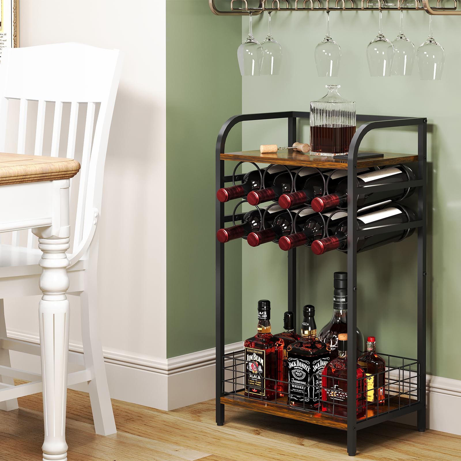 3-Tier Wine Bar Table: Small Liquor Bottle Holder with 8-Bottle Wine Rack Mini Wine Bar Cabinet Corner Whiskey Display Shelf Floor Liquor Storage Bar for Home Living Room