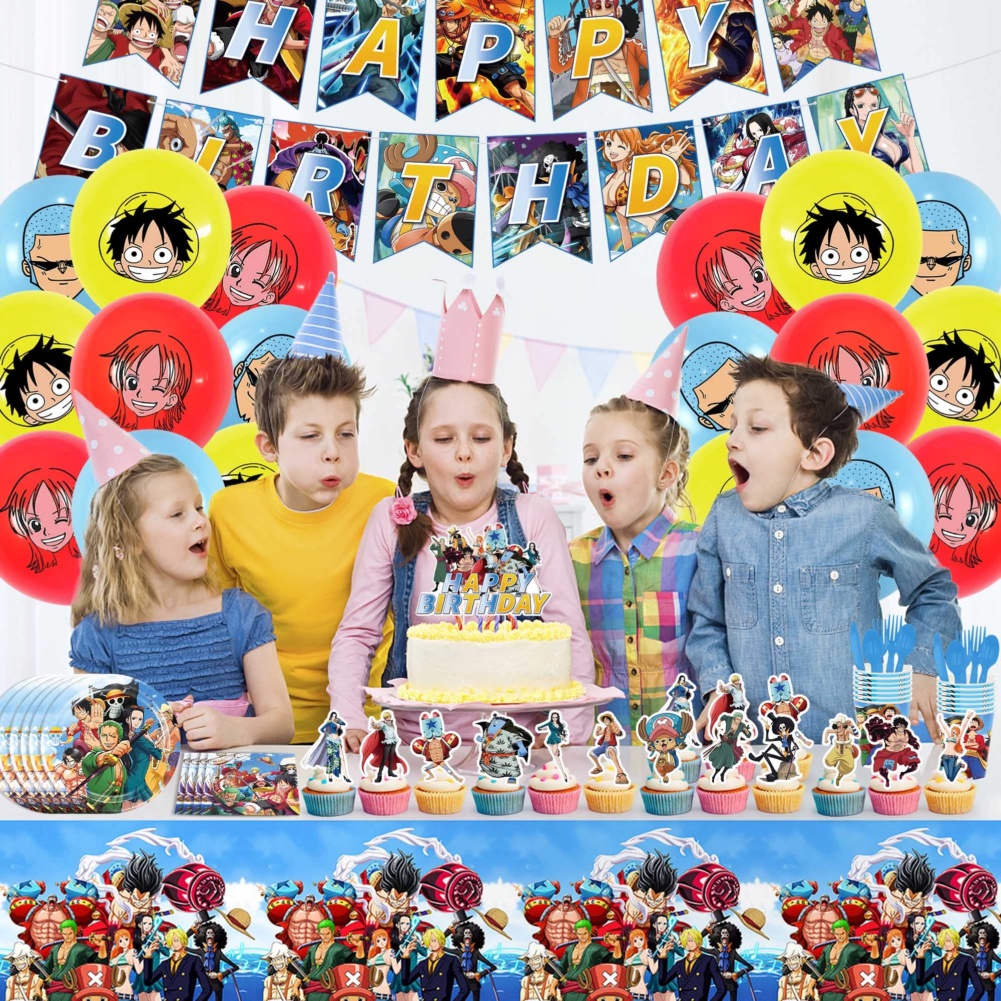 176Pcs One Piece Birthday Party Supplies, Anmie Birthday Party Decorations for 12 Guests, Include Happy Birthday Banner, Backdrop, Tableware Set, Tablecover, Cake Toppers, Balloons Set and Stickers