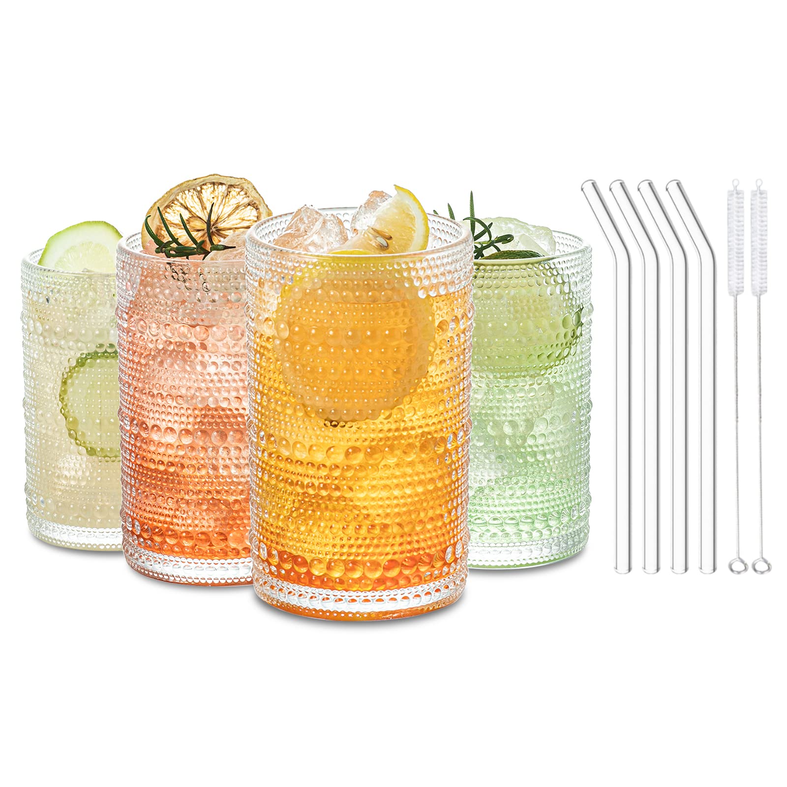 13 Oz Cocktail Glasses Hobnail Drinking Glasses Unique Vintage Bubble Cocktails - Set of 4 Old Fashioned Embossed Glassware Cups for Beverage, Water, Wine, Beer, Juice, Mixed Drinkware (13 Oz)